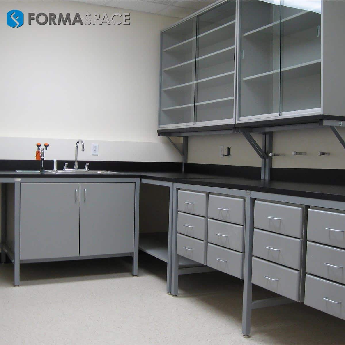 Modular Workbenches w/ Upper Glass Shelves for Pharmaceuticals